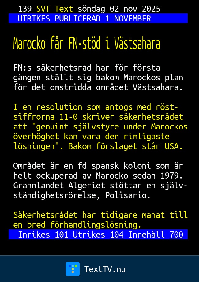 Marocko får FN-stöd i Västsahara - SVT Text TV