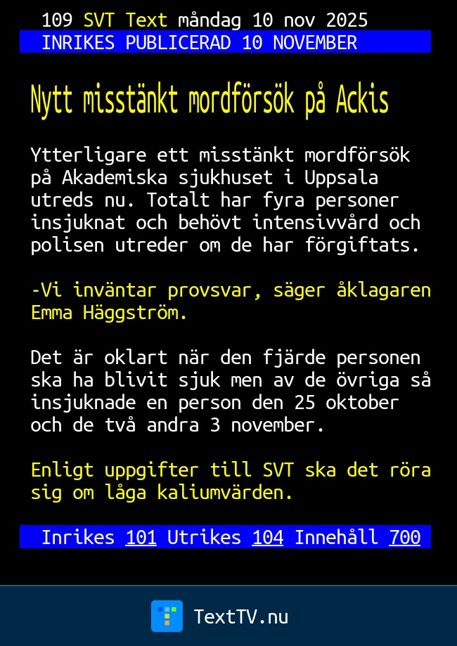 Nytt misstänkt mordförsök på Ackis - SVT Text TV
