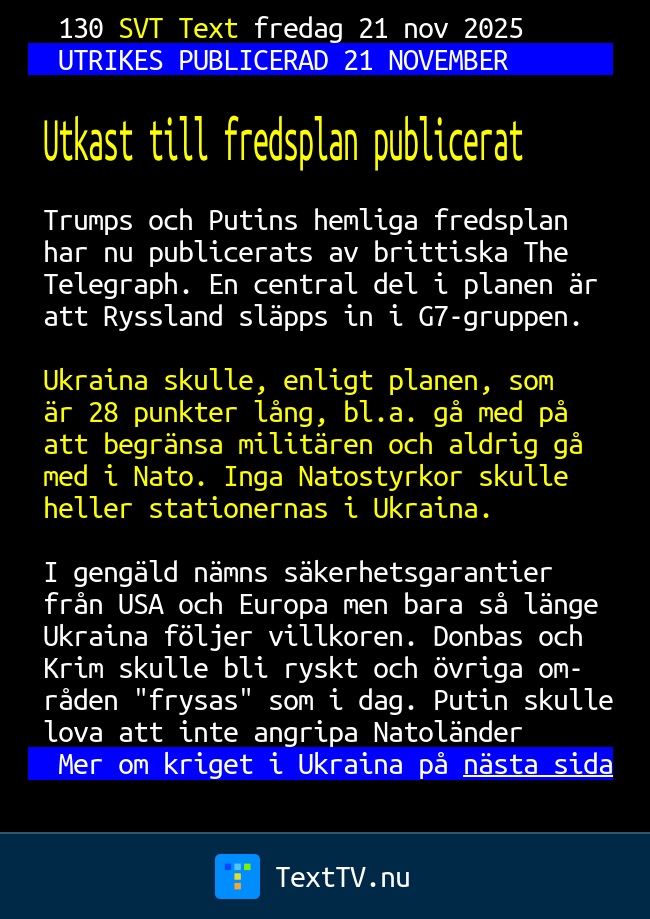 Utkast till fredsplan publicerat - SVT Text TV