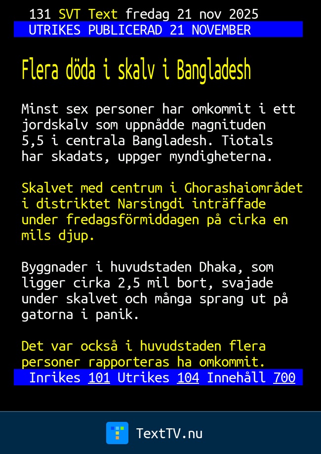 Flera döda i skalv i Bangladesh - SVT Text TV