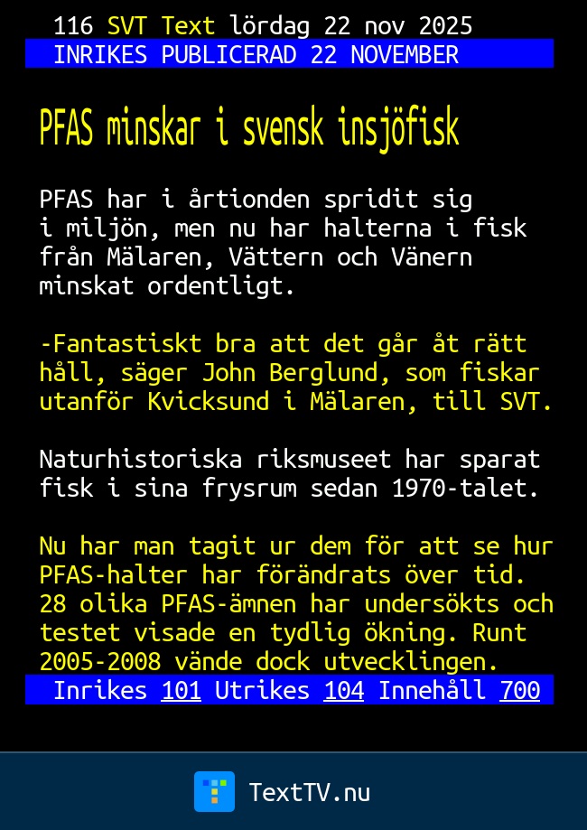 PFAS minskar i svensk insjöfisk - SVT Text TV