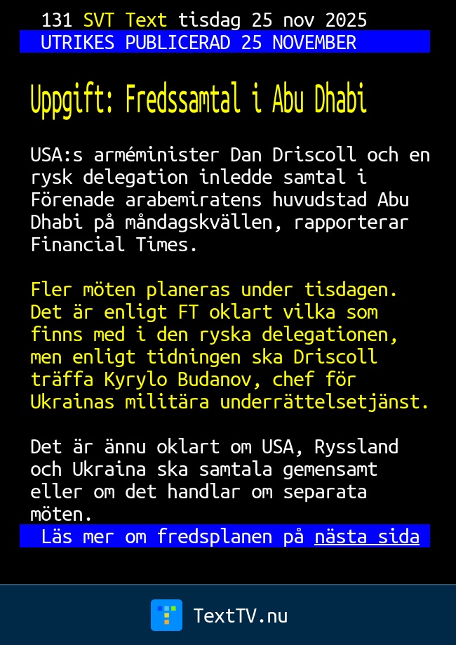 Uppgift: Fredssamtal i Abu Dhabi - SVT Text TV