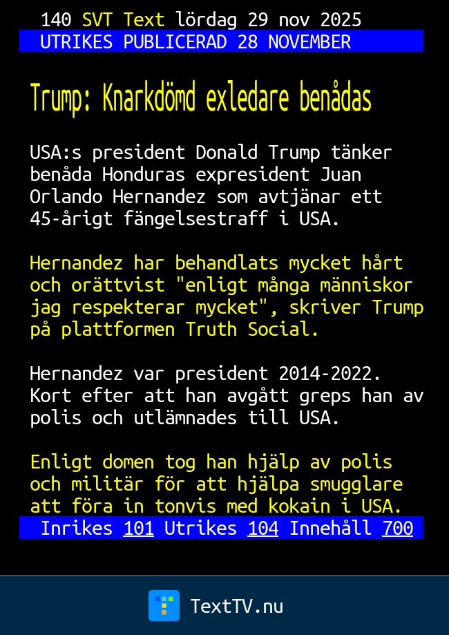 Trump: Knarkdömd exledare benådas - SVT Text TV