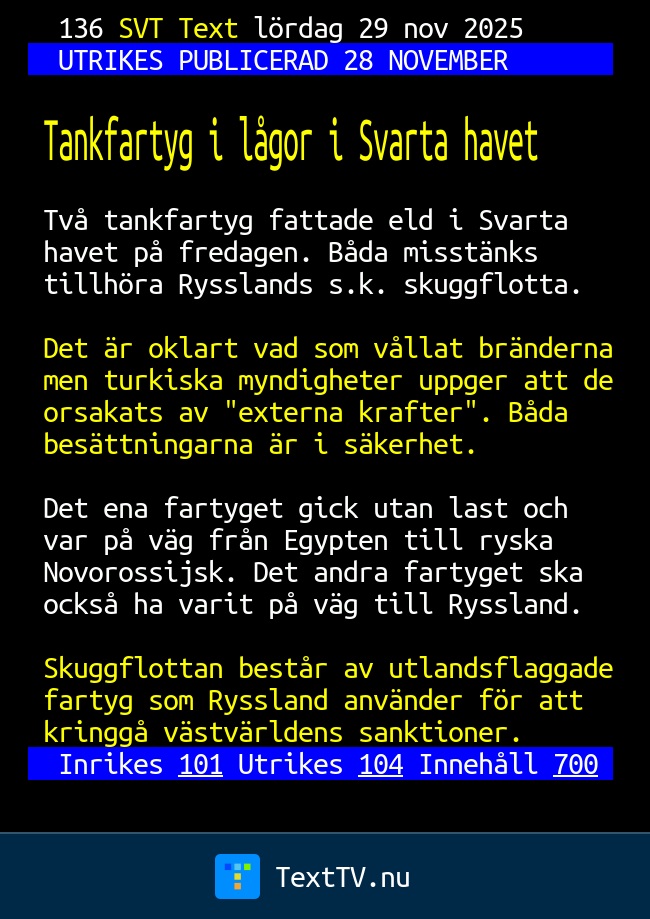 Tankfartyg i lågor i Svarta havet - SVT Text TV