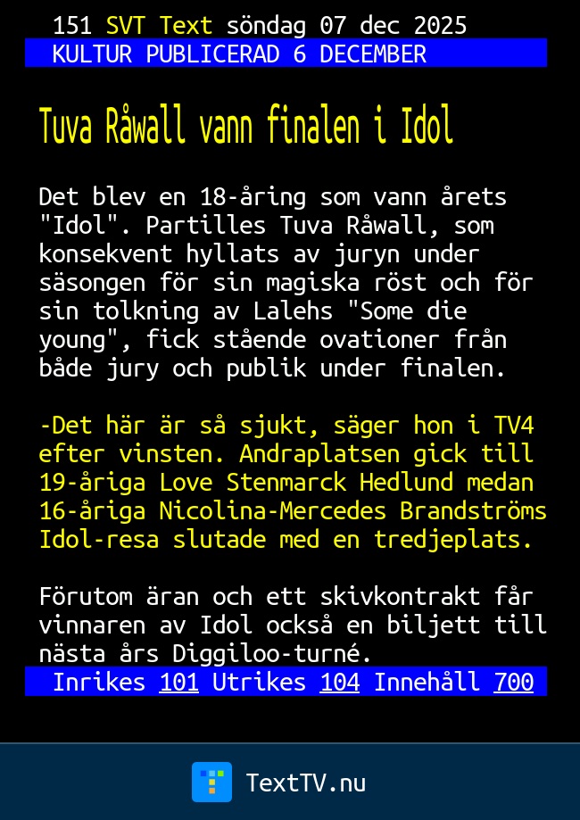 Tuva Råwall vann finalen i Idol - SVT Text TV