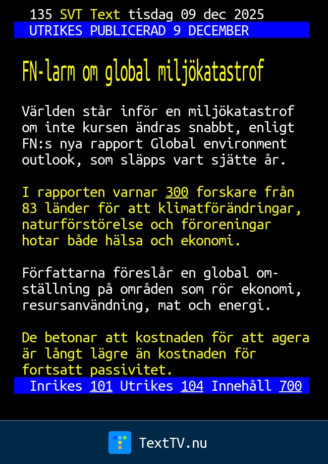 FN-larm om global miljökatastrof - SVT Text TV