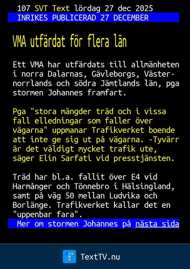 VMA utfärdat för flera län - SVT Text TV