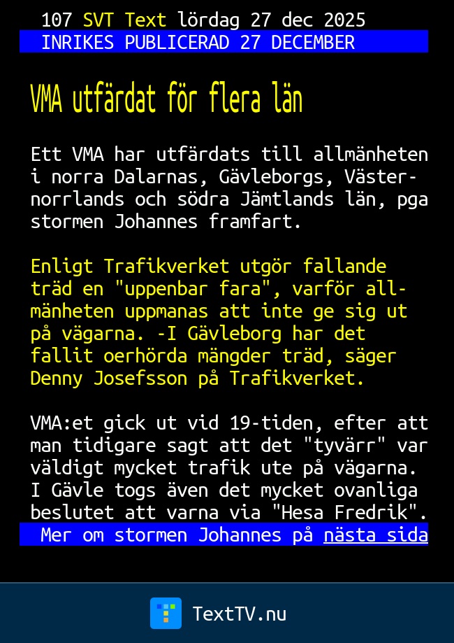 VMA utfärdat för flera län - SVT Text TV