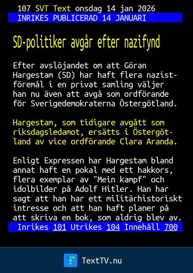 SD-politiker avgår efter nazifynd - SVT Text TV