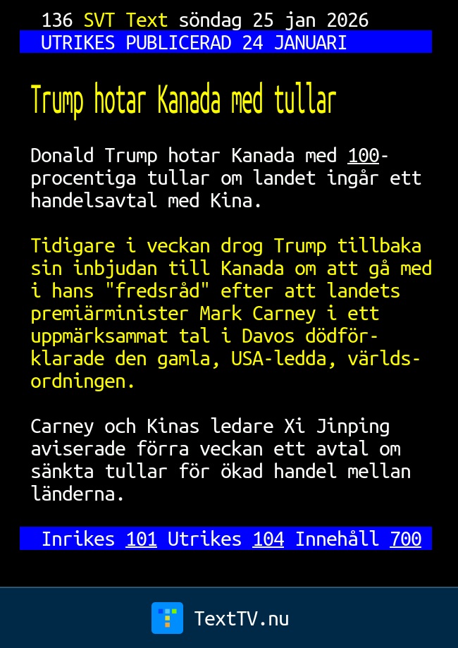 Trump hotar Kanada med tullar - SVT Text TV
