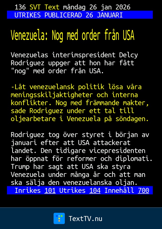 Venezuela: Nog med order från USA - SVT Text TV