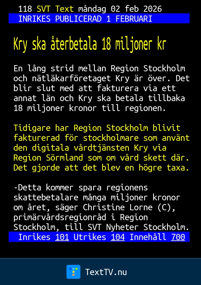 Kry ska återbetala 18 miljoner kr - SVT Text TV
