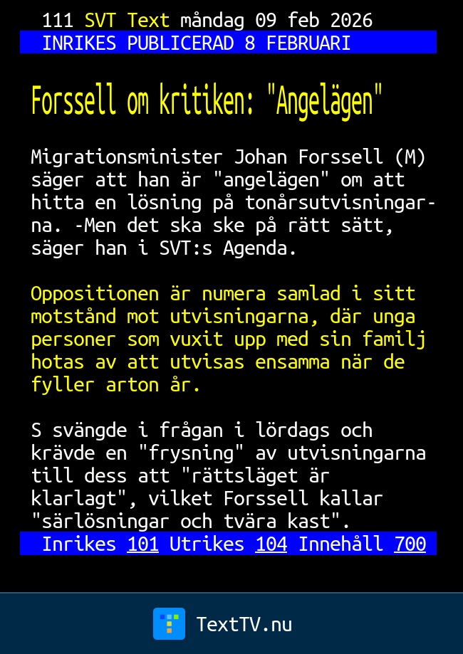 Forssell om kritiken: "Angelägen" - SVT Text TV