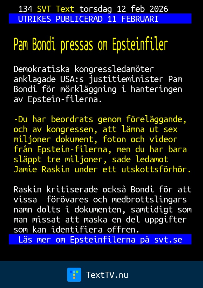 Pam Bondi pressas om Epsteinfiler - SVT Text TV