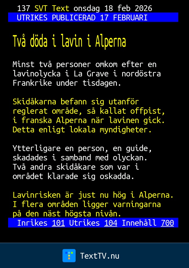 Två döda i lavin i Alperna - SVT Text TV
