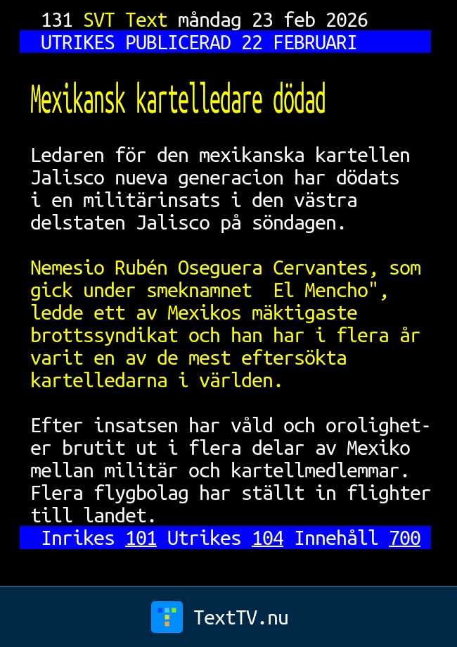 Mexikansk kartelledare dödad - SVT Text TV