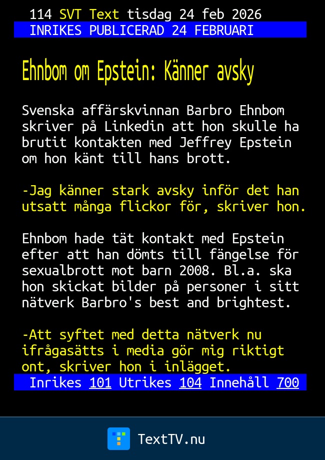 Ehnbom om Epstein: Känner avsky - SVT Text TV