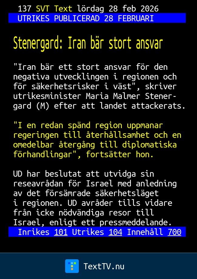 Stenergard: Iran bär stort ansvar - SVT Text TV