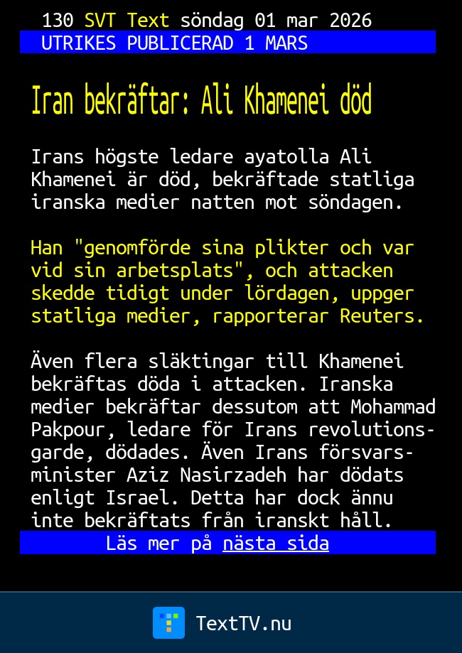 Iran bekräftar: Ali Khamenei död - SVT Text TV
