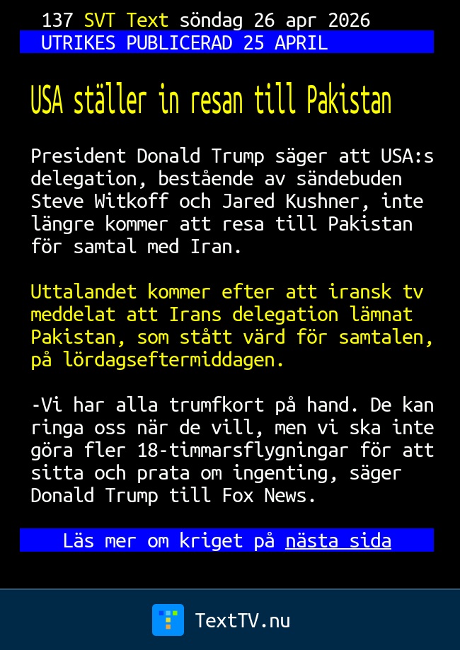USA ställer in resan till Pakistan - SVT Text TV