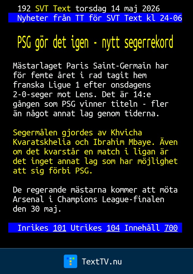 PSG gör det igen - nytt segerrekord - SVT Text TV