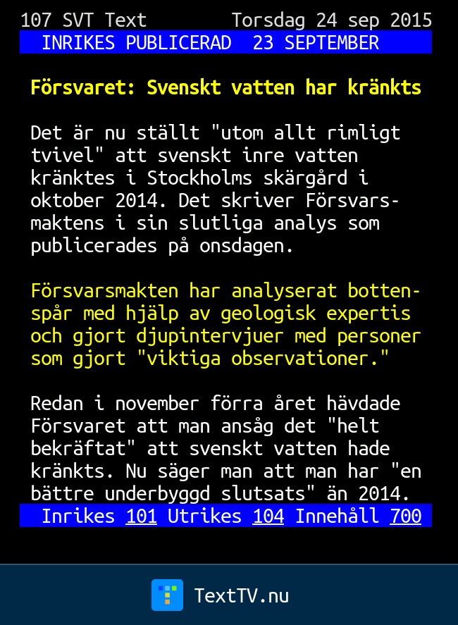Försvaret: Svenskt vatten har kränkts - SVT Text TV
