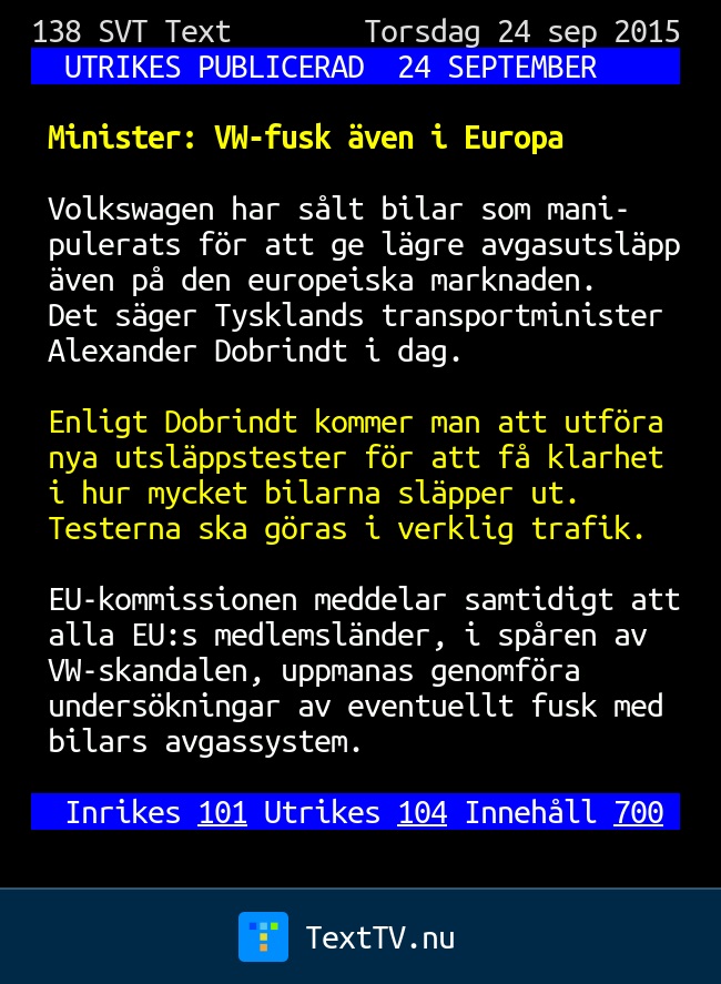 Minister: VW-fusk även i Europa - SVT Text TV